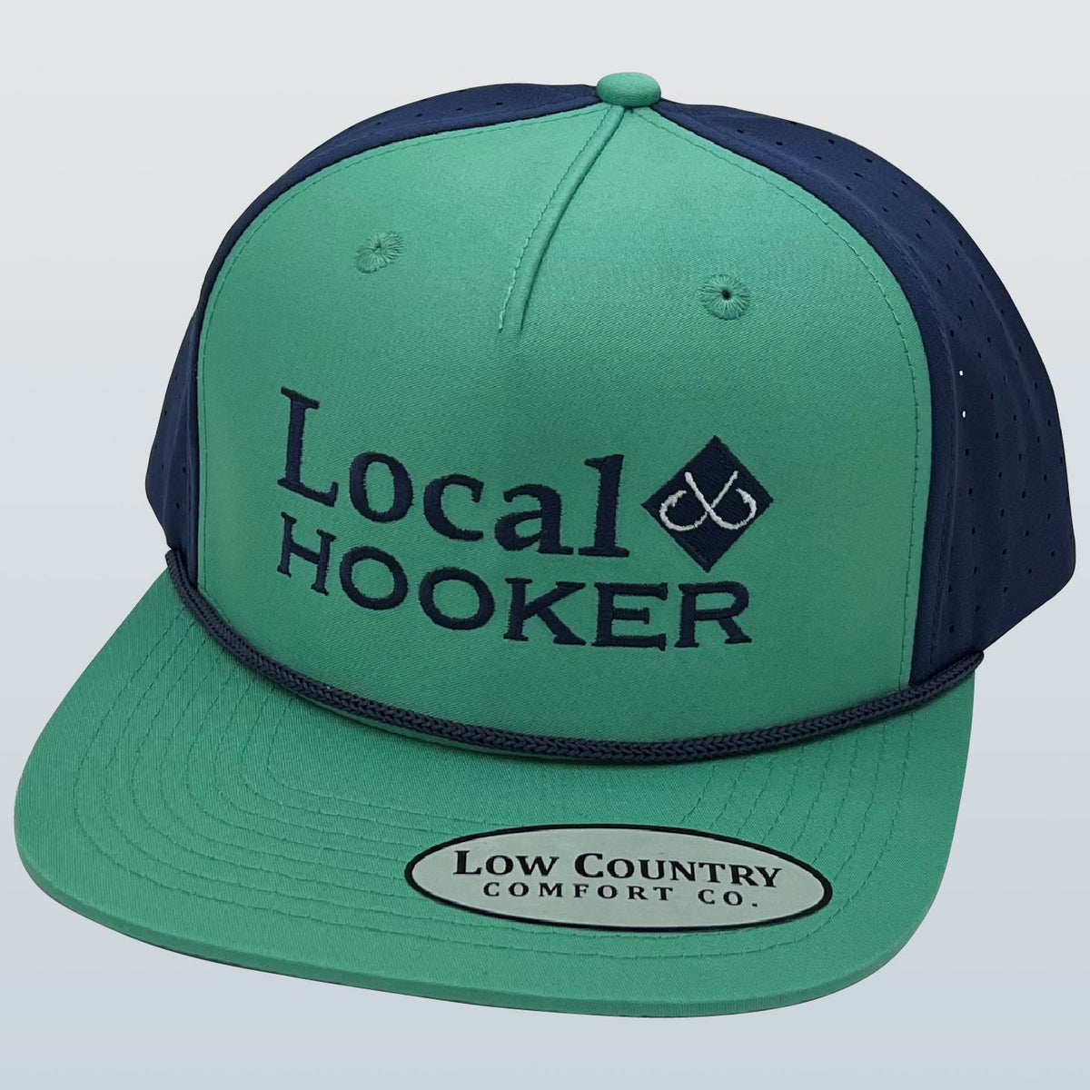 Local Hooker Text 5Perf Aqua/Navy Hat – Riverbed Threads