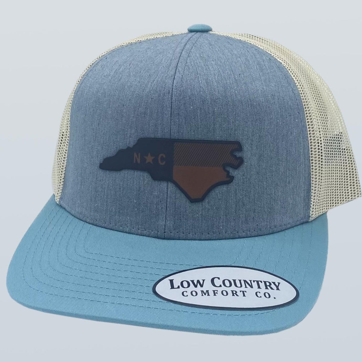 North Carolina Flag Dark Leather Patch Hat Heather/Smoke Blue/Beige – Riverbed Threads